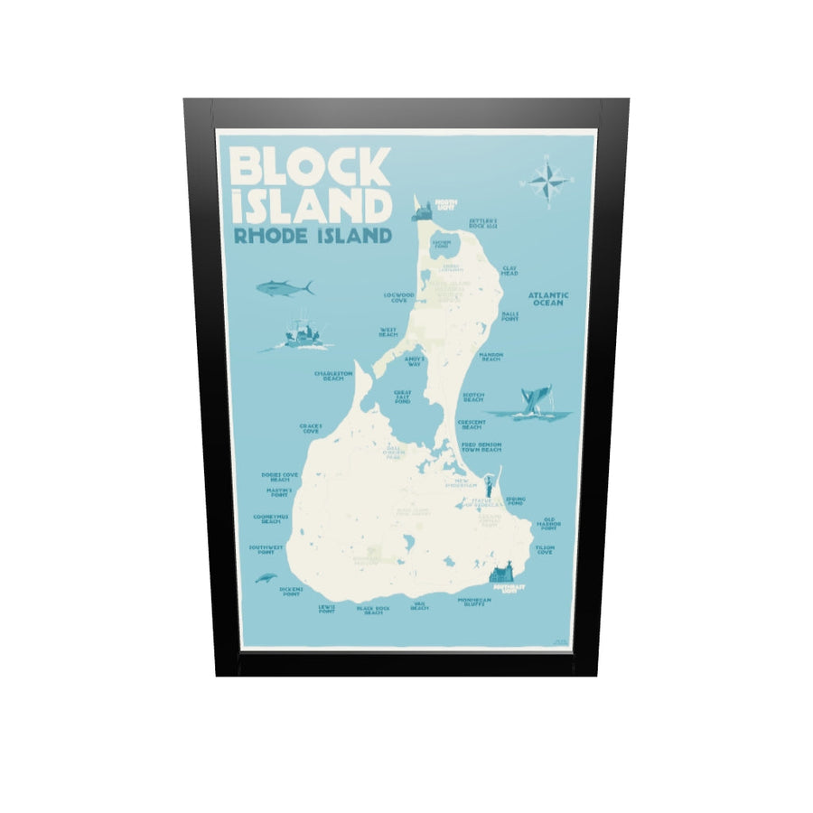 Block Island Map Art Print 24" x 36" Framed Wall Poster By Alan Claude ...