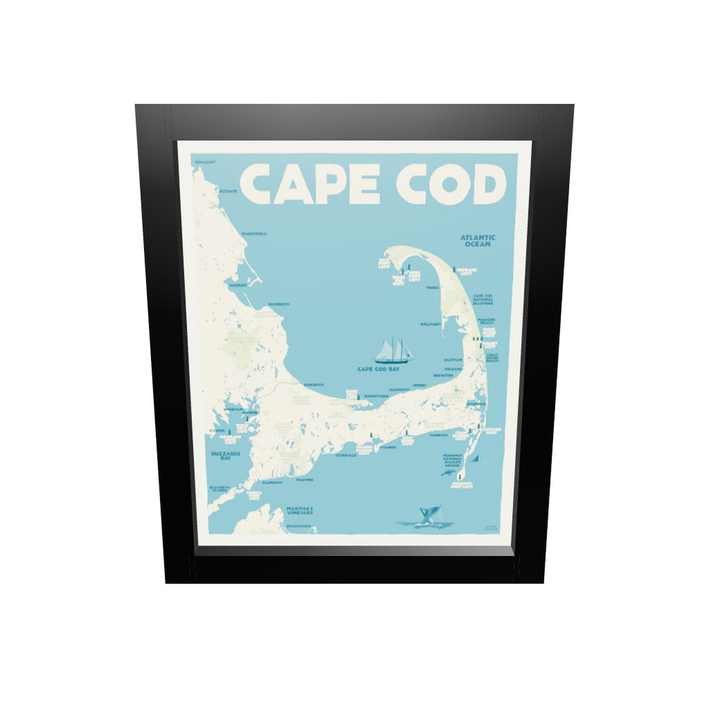 Cape Cod Map Art Print 8" x 10" Framed Travel Poster By Alan Claude - - Alan Claude Gallery