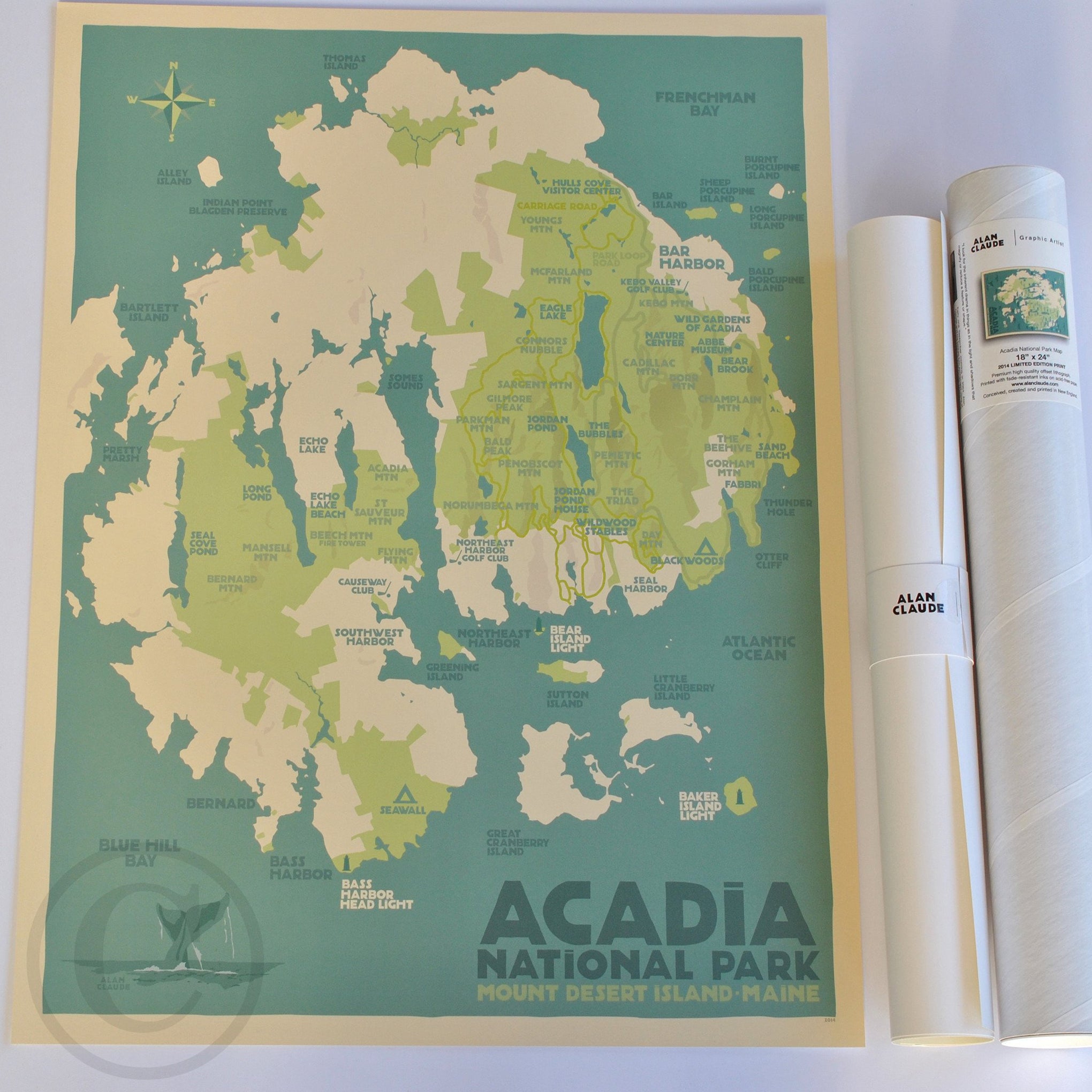 Acadia National Park Map Art Print 18" x 24" Travel Poster By Alan Cla ...