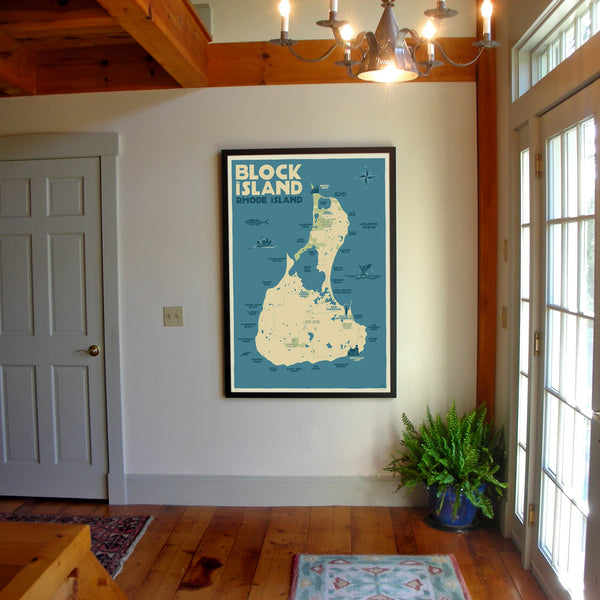 Block Island Map Art Print 36" x 53" Framed Wall Poster By Alan Claude ...